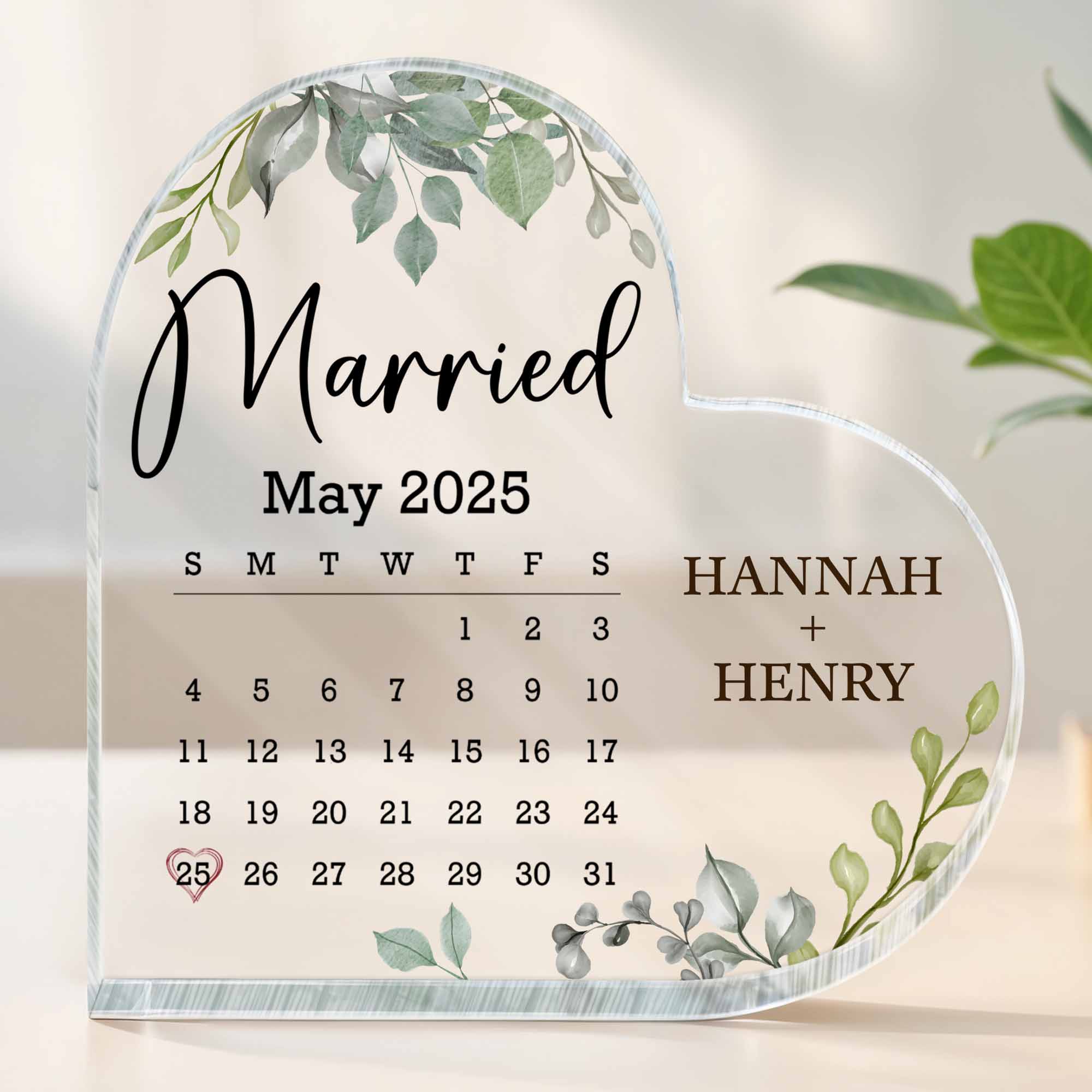Married May 2025 Calendar Leaves Heart Design, Personalized Heart Shaped Acrylic Plaque, Gift ...