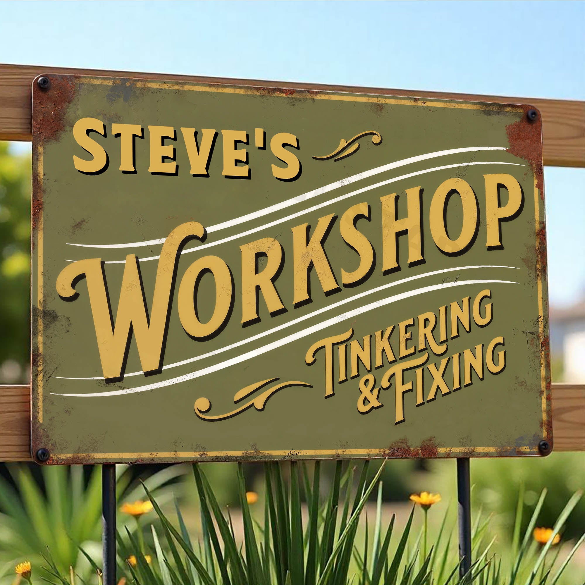 Steve's Workshop Tinkering & Fixing Sign, Personalized Metal Sign, Gift For Dad and Workshop ...