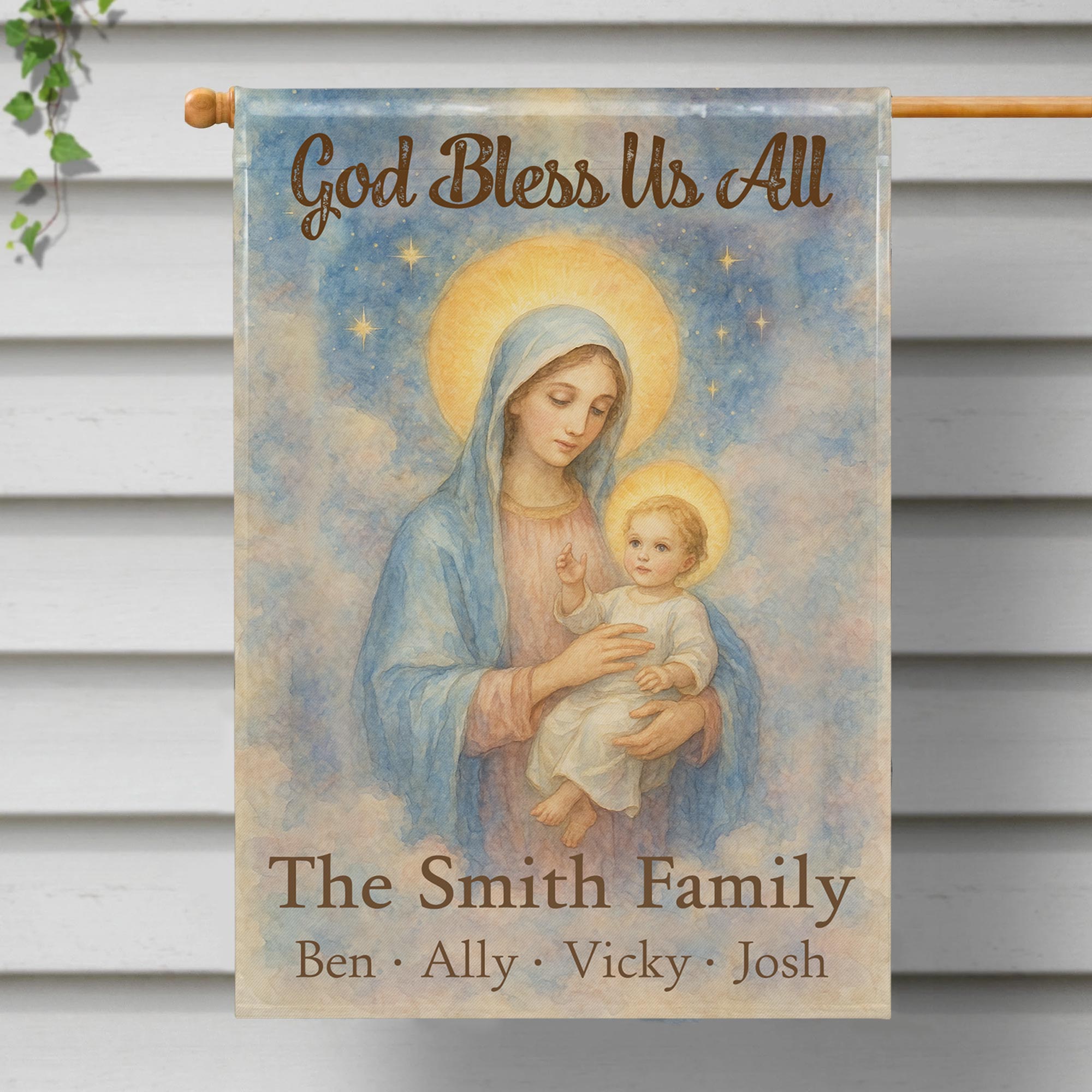 God Bless Us All, Virgin Mary and Child, Personalized Flag, Gift For Religious Families – ALMAGEMS