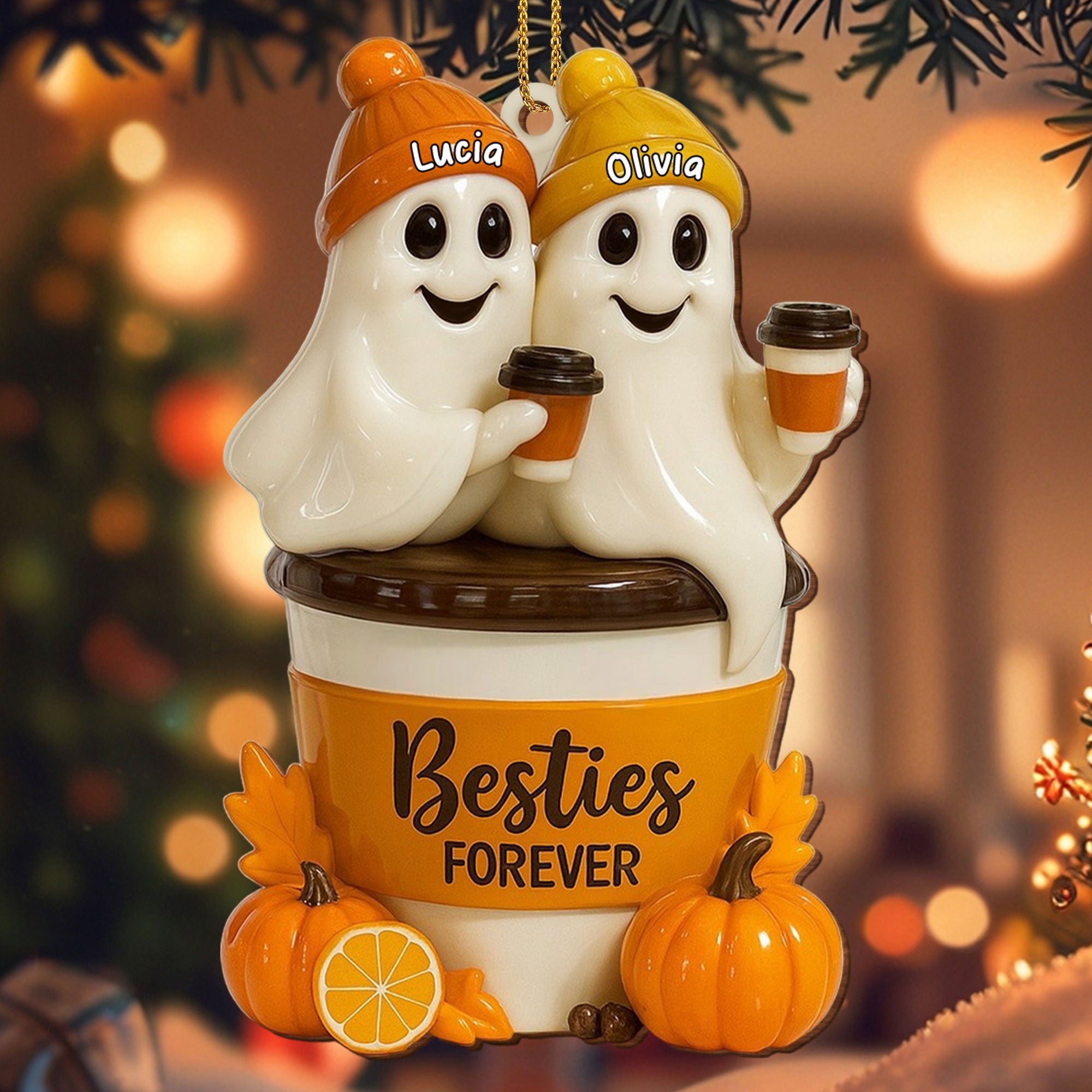 Besties Forever With Ghosts And Pumpkin, Personalized Wood Ornament ...