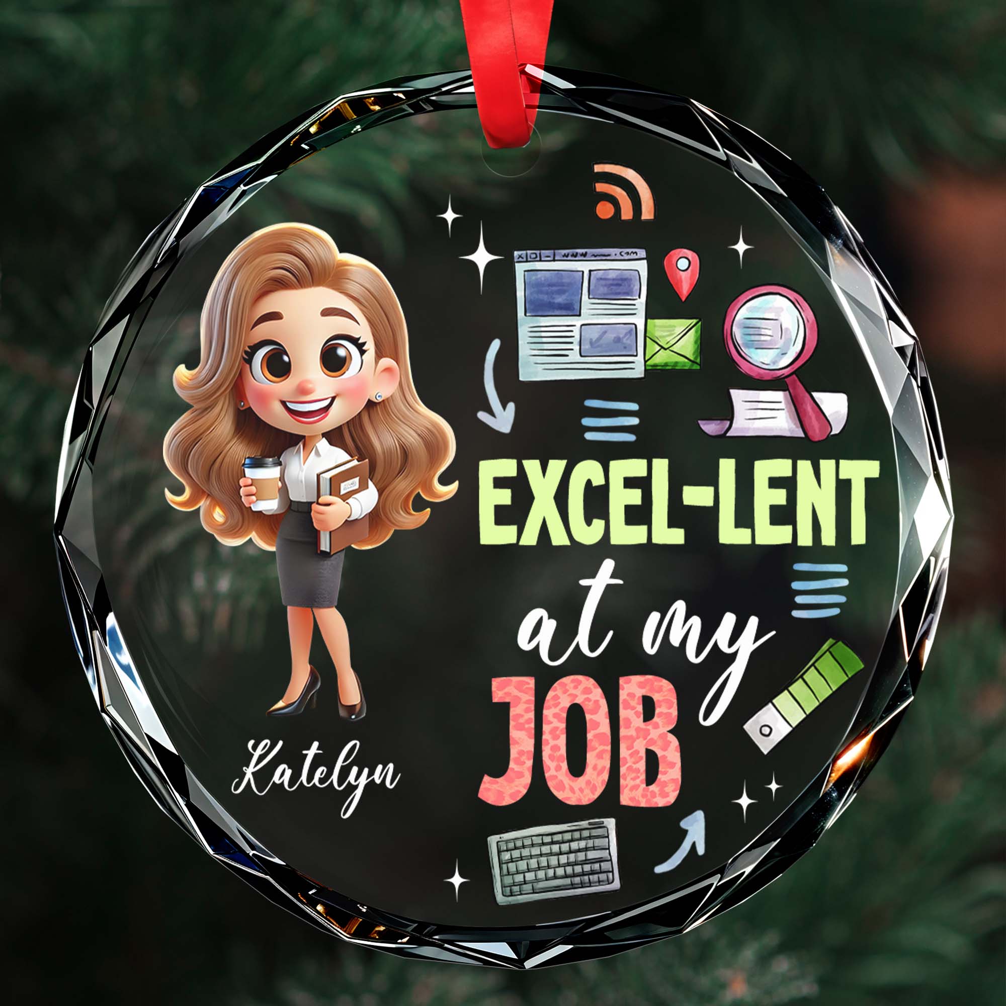 Excel-lent at my Job - Office Personalized Custom Circle Glass Ornament ...