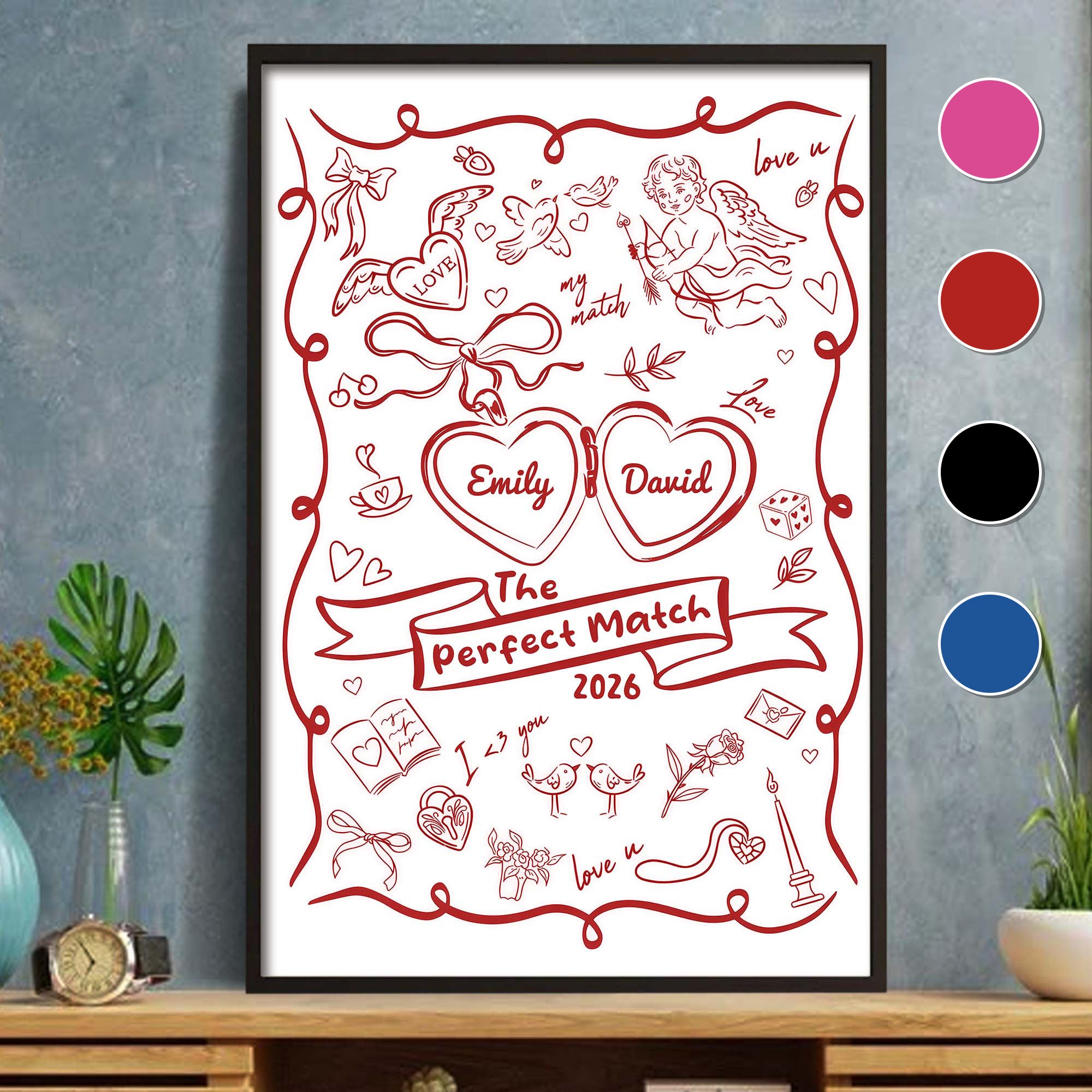 The Perfect Match With Hearts And Cupid Design, Custom Vertical Poster ...