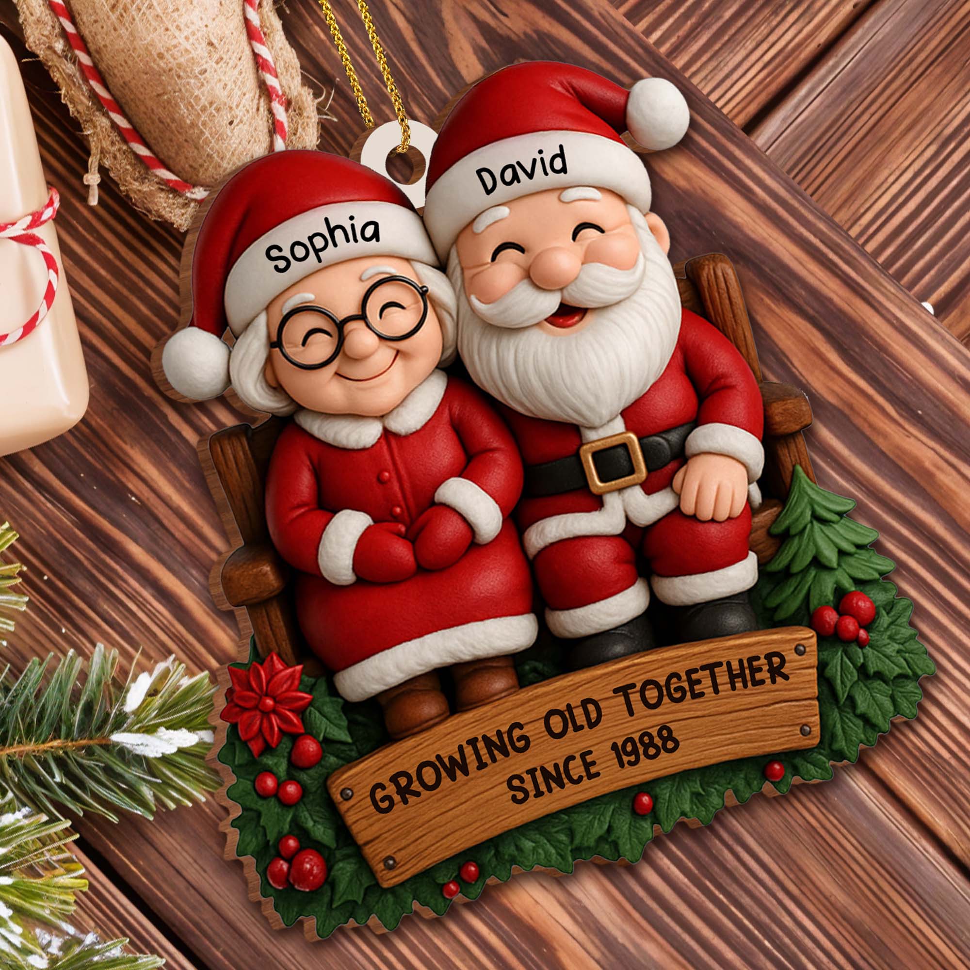 Growing Old Together, Santa Claus Figures With Christmas Holly, Gift ...