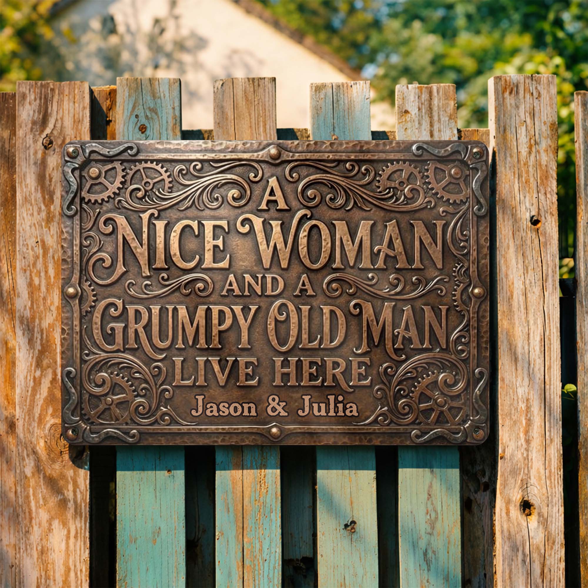 A Nice Woman And A Grumpy Old Man Live Here Sign, Personalized Metal ...