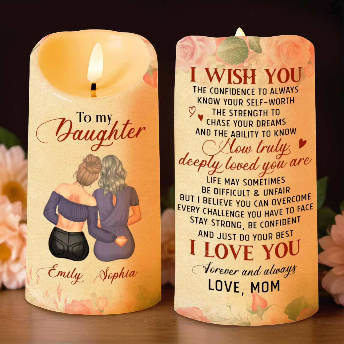 To My Daughter, Love Mom, Flowers, Personalized Custom LED Candle, Gift ...