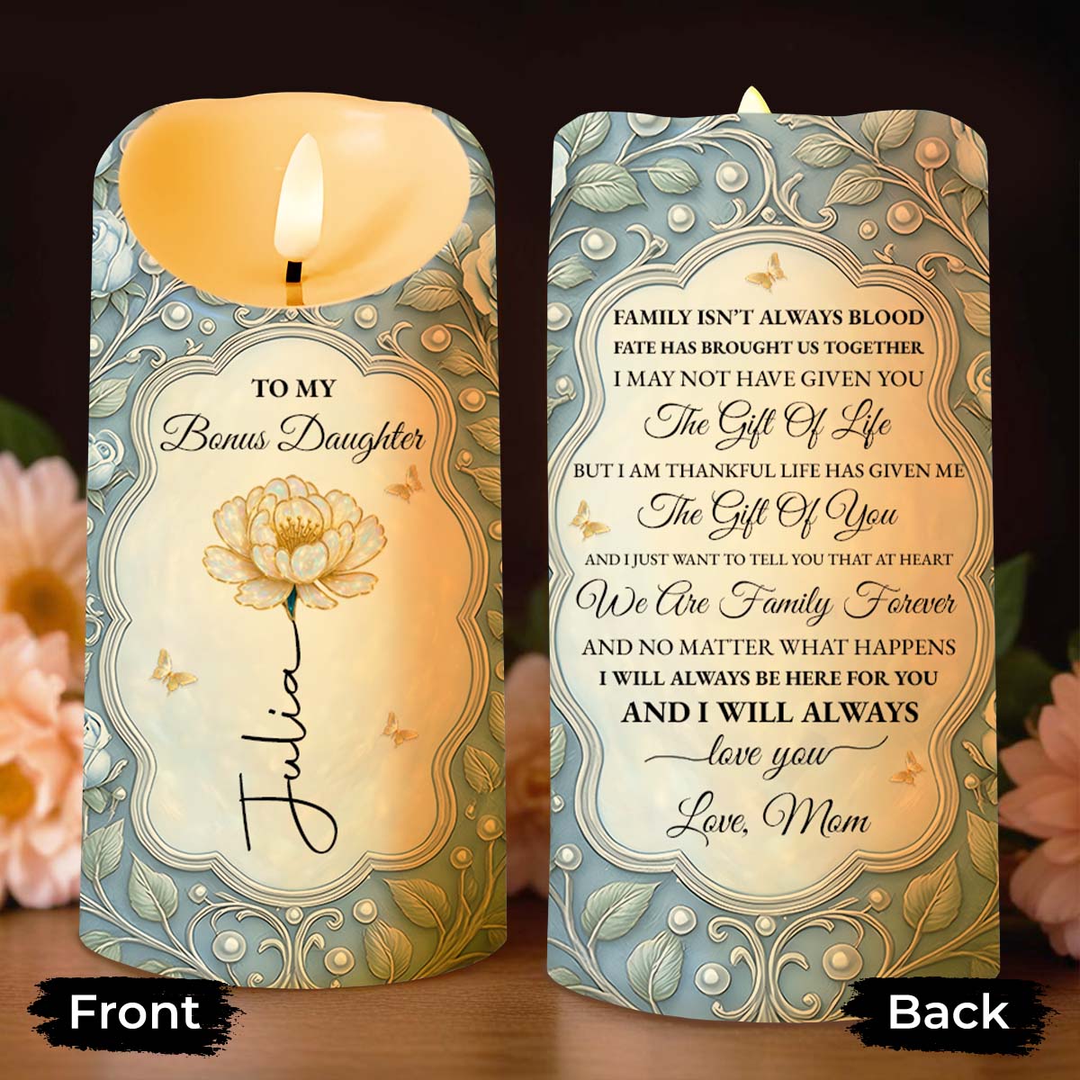 To My Bonus Daughter Flower Script Design Candle,Custom LED Candle,Gift ...