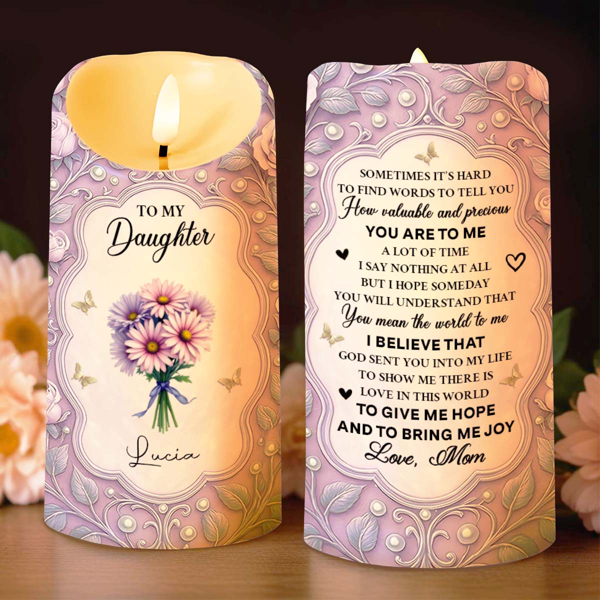 To My Daughter, Candle With Flowers And Hearts, Gift For Daughters ...