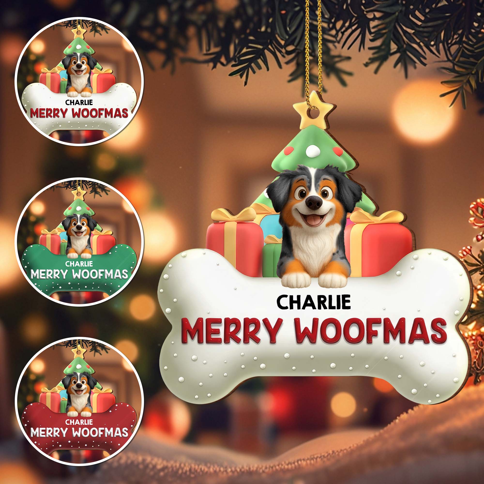 Merry Woofmas With Dog, Christmas Tree And Gifts, Personalized Ornament ...