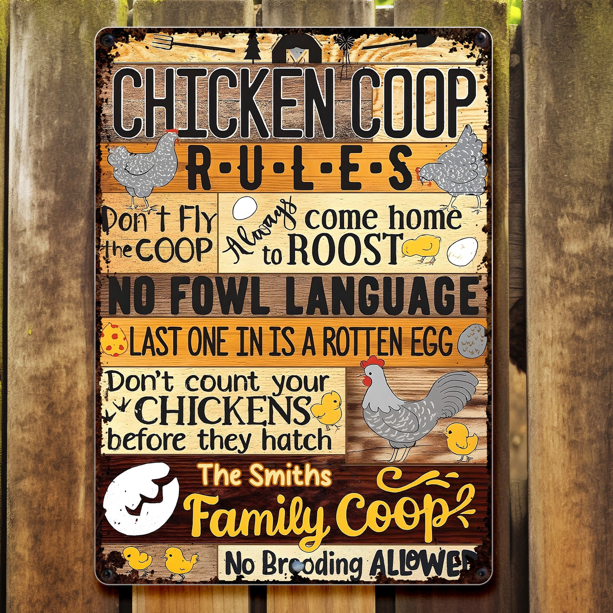 Chicken Coop Rules With Chicken, Eggs And Chick, Personalized Metal ...