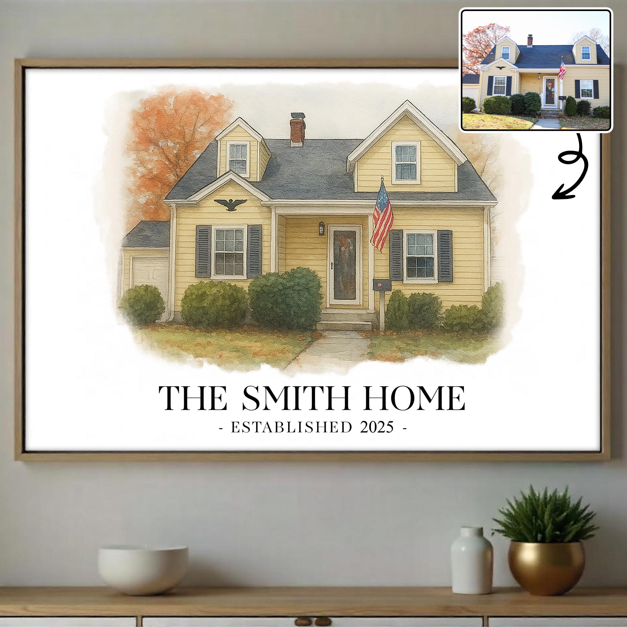 The Smith Home, House With American Flag Art, Custom Horizontal Poster ...