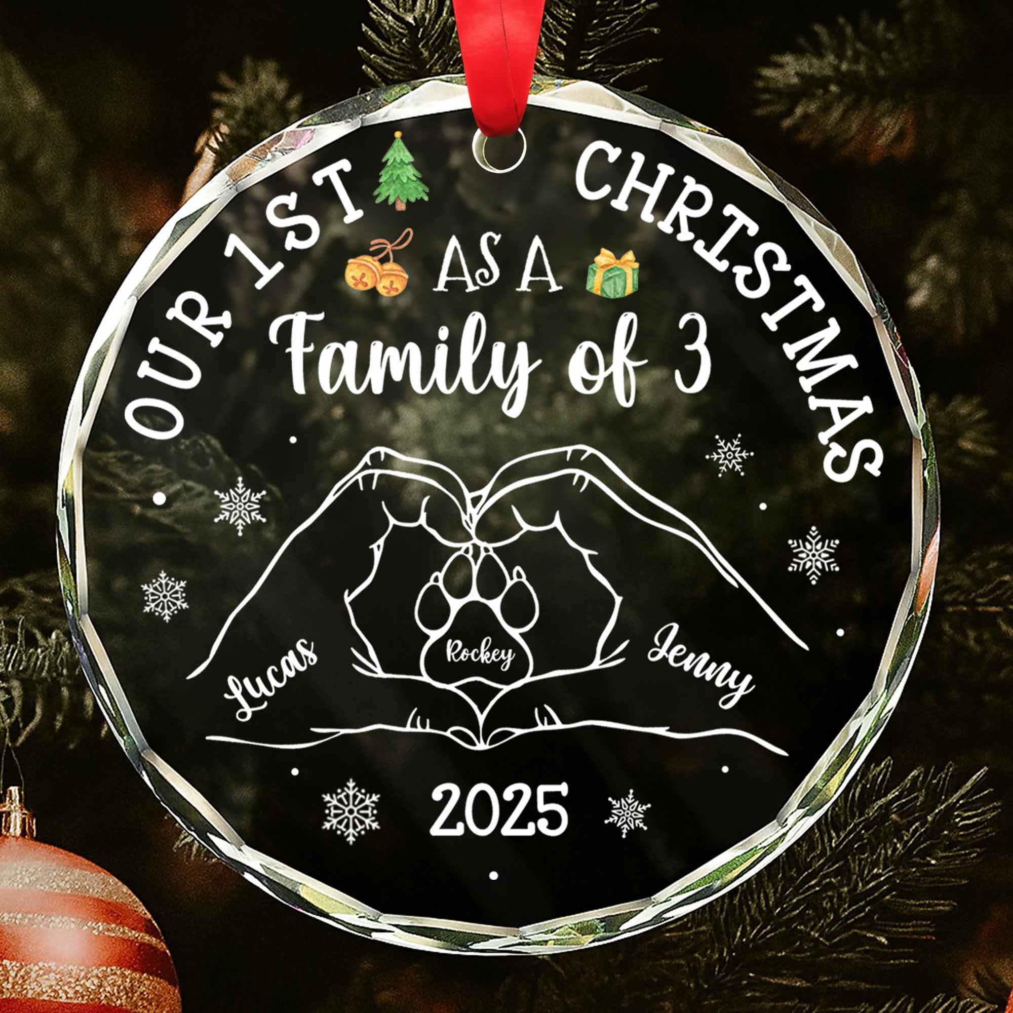 Our 1st Christmas As A Family of 3, With Hands and Paws, Circle Glass ...
