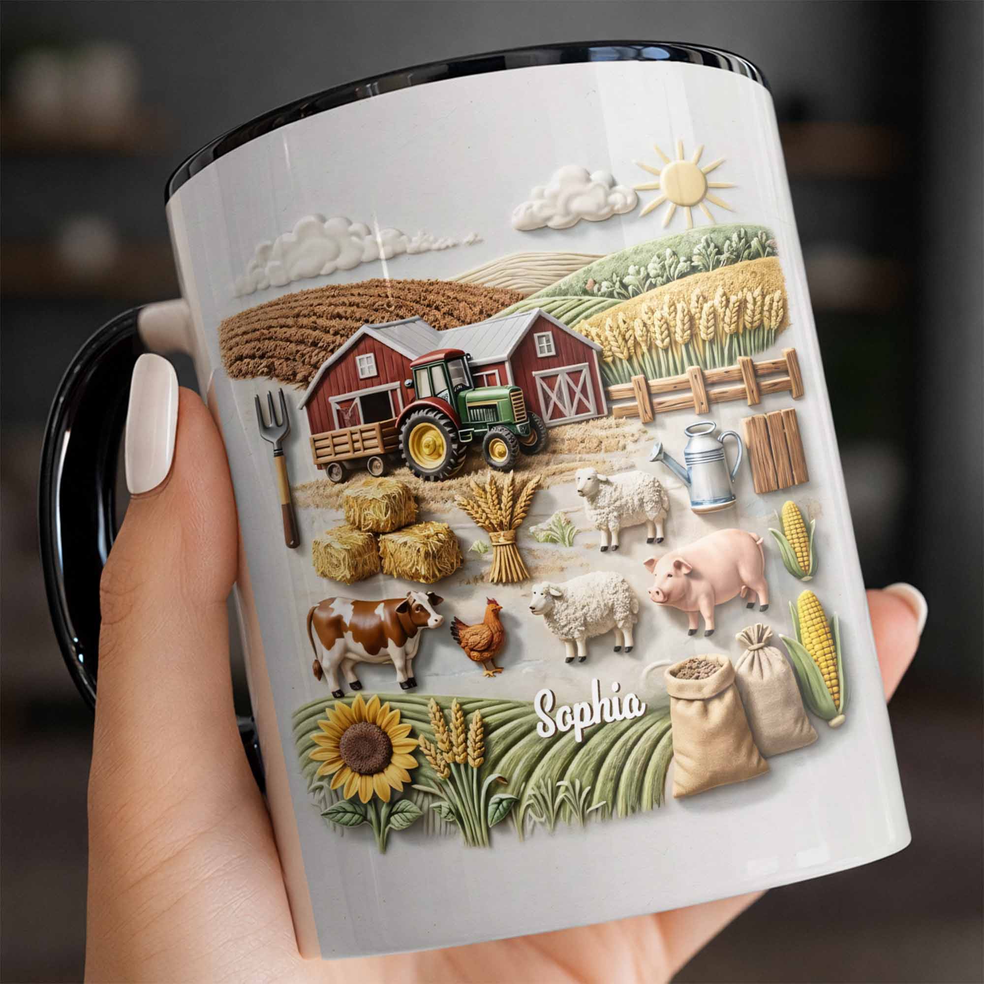 Serene Farm Life, Barns, Tractors And Sunflowers, Custom Accent Mug ...