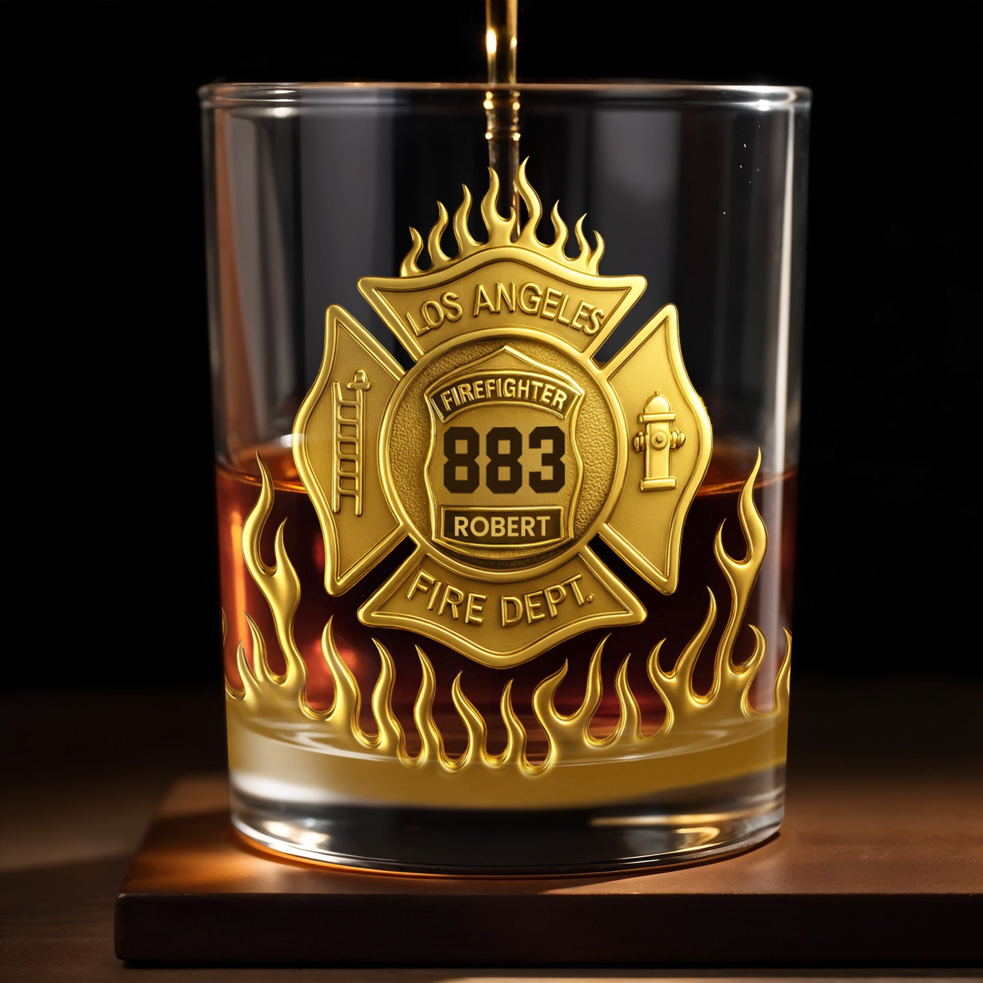 Los Angeles Firefighter, Fire Dept Badge With Flames, Personalized ...