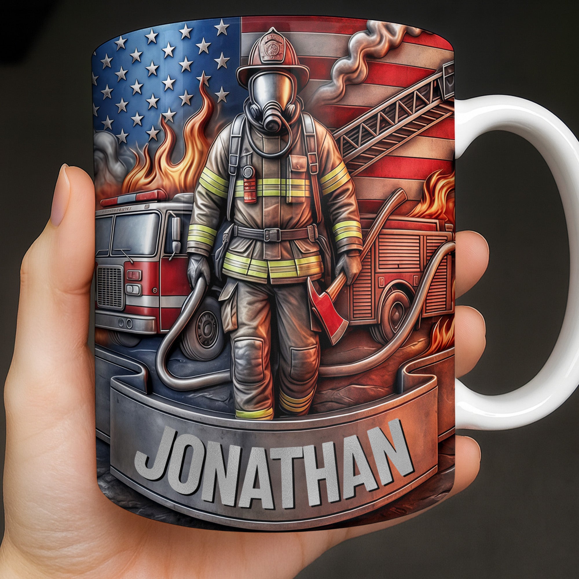 Customizable Firefighter With Fire Truck and American Flag, Coffee Mug ...