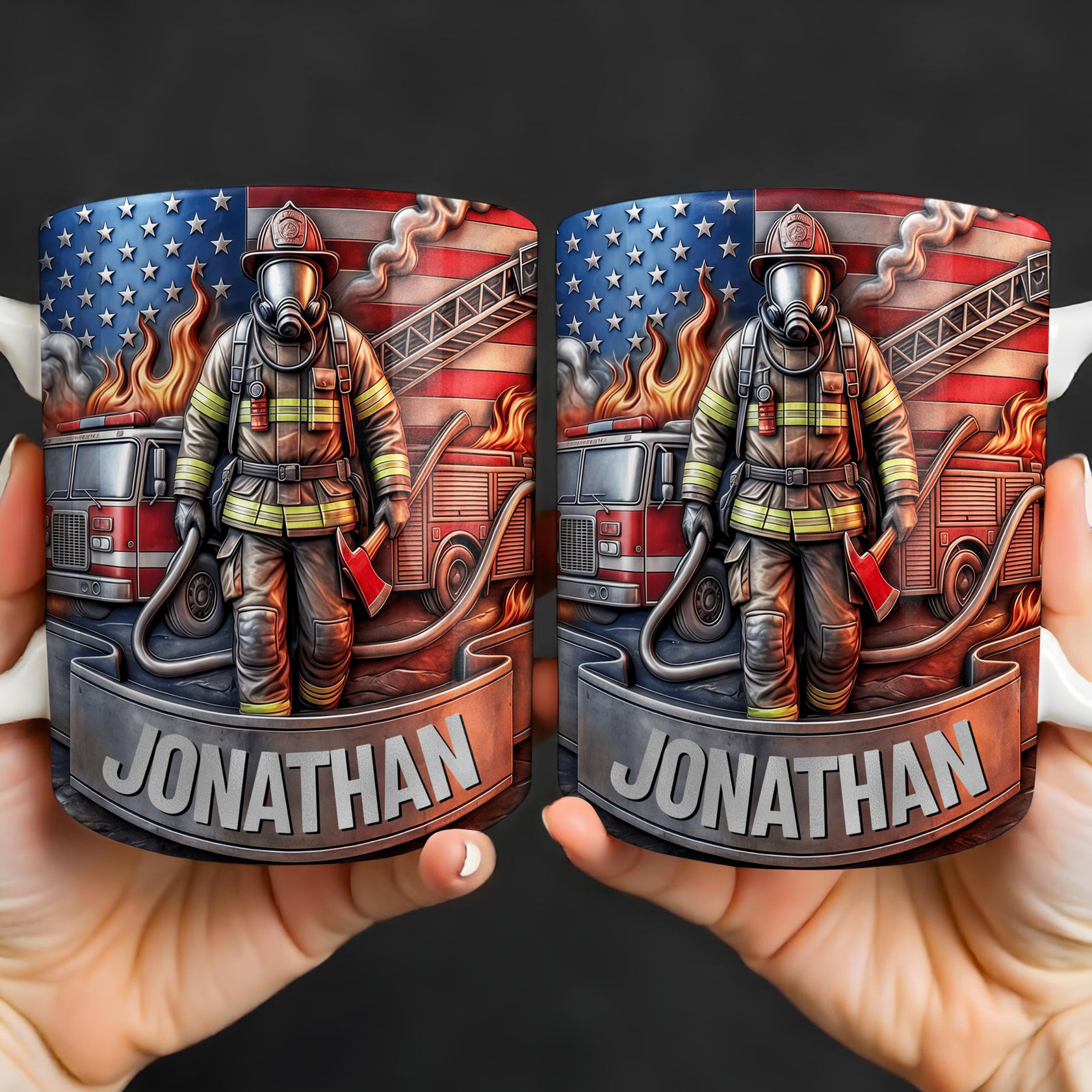 Customizable Firefighter With Fire Truck and American Flag, Coffee Mug ...