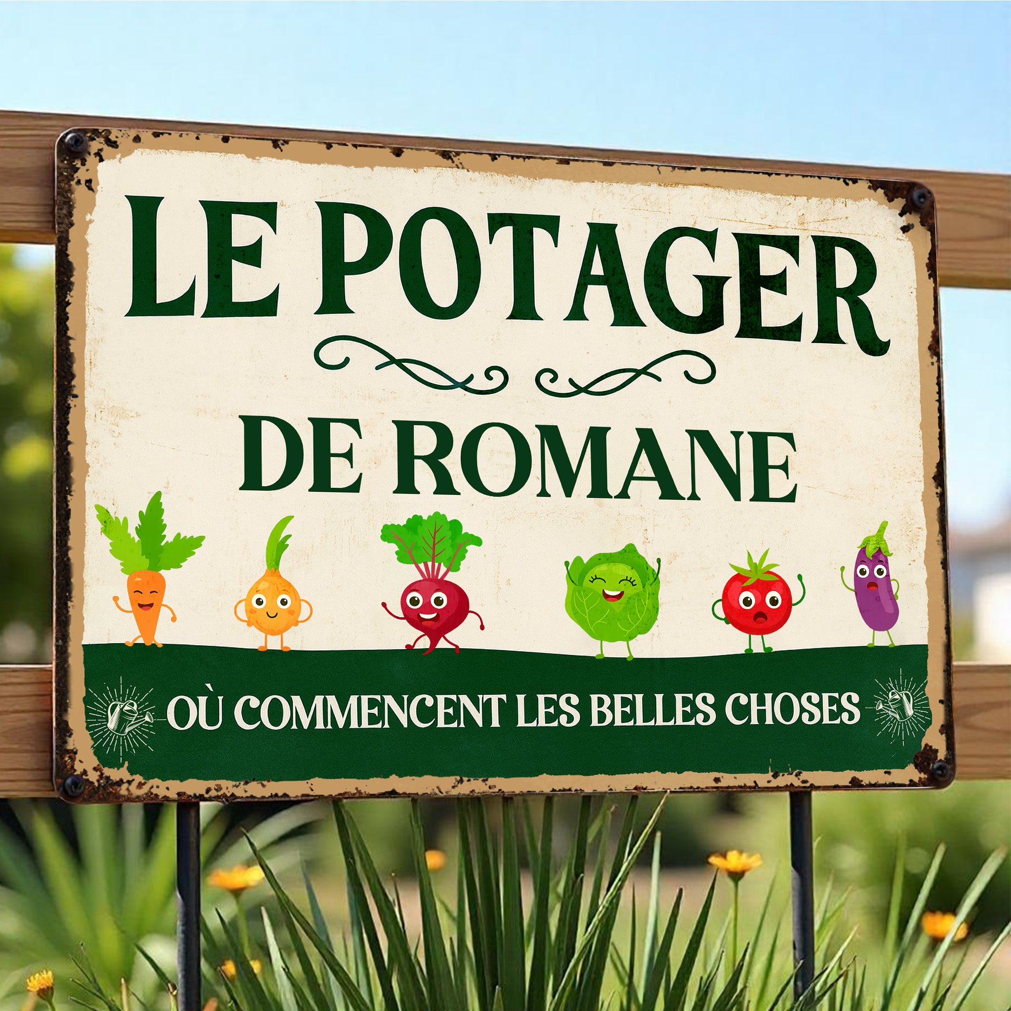 Le Potager De Romane Vegetable Characters Sign, Personalized Metal Sign ...