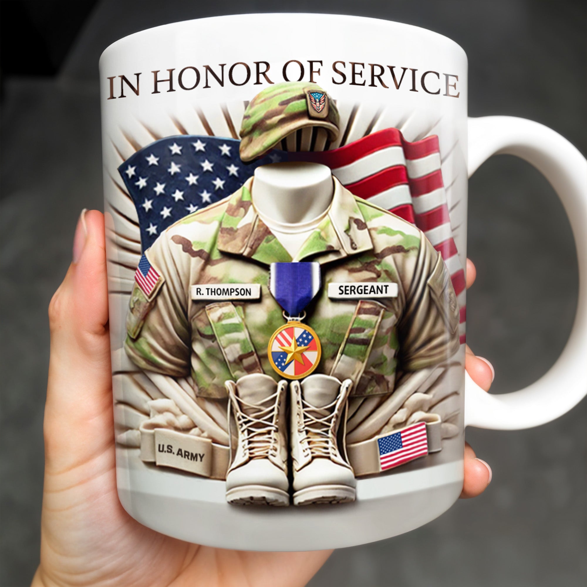 In Honor Of Service, Military Uniform and U.S. Flag, Custom Coffee Mug ...