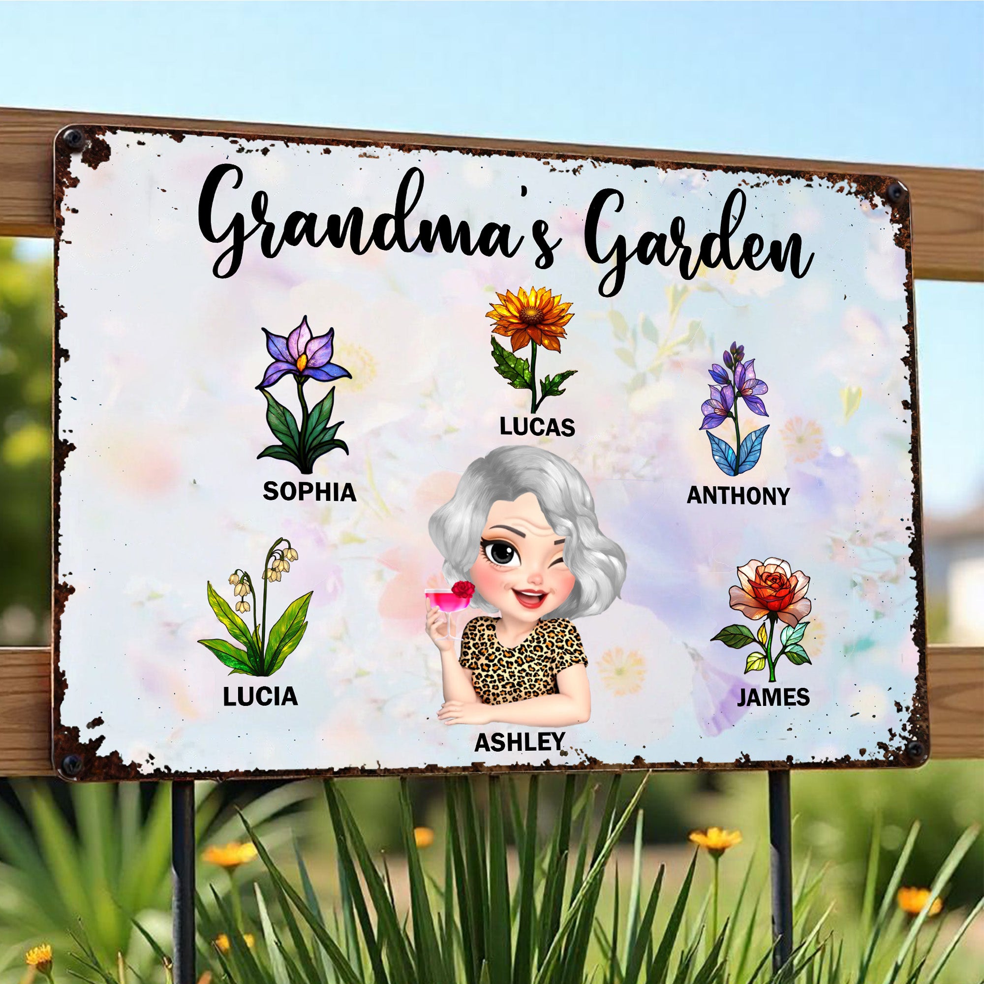 Grandma's Garden, Flowers and Cartoon Grandma, Personalized Metal Sign ...