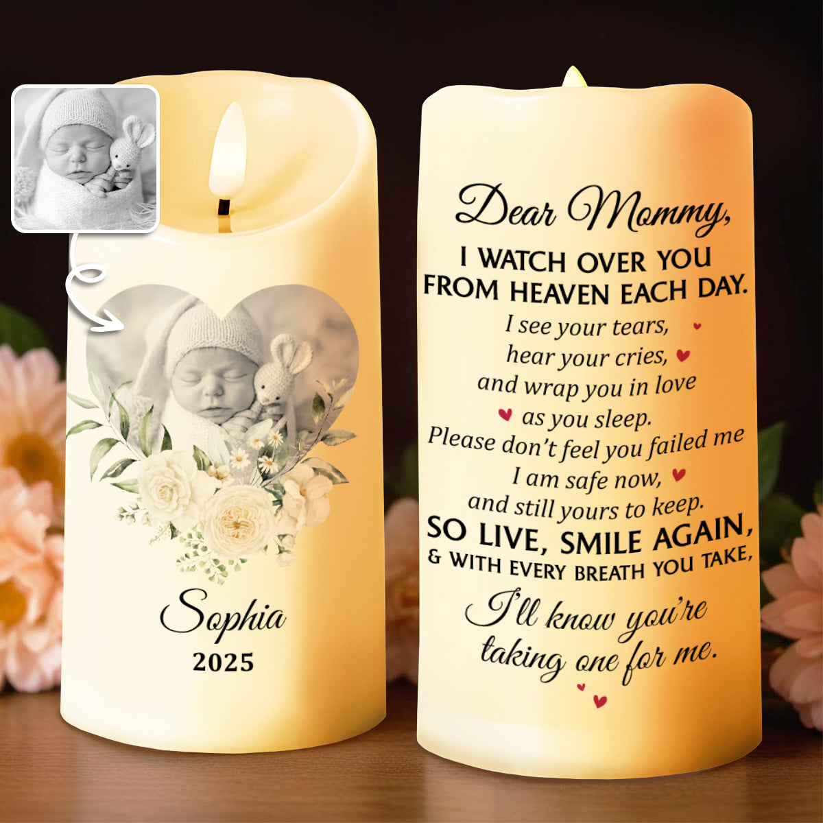 Dear Mommy, I Watch Over You From Heaven Floral Candle, Custom LED ...