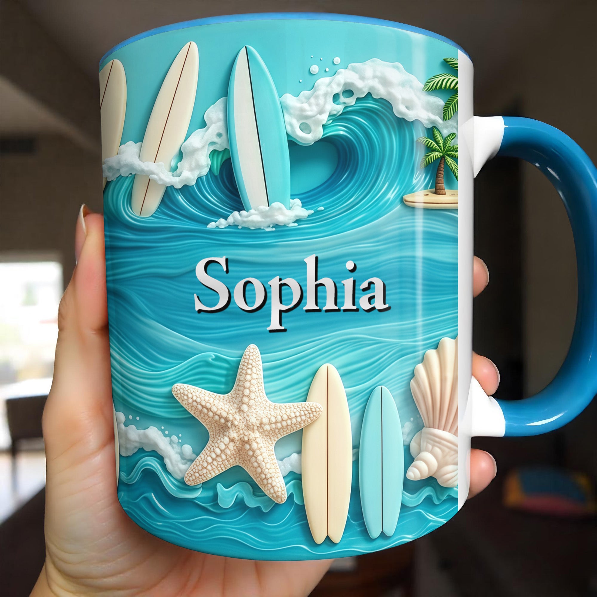 Sun Sand and Surf Mug, Personalized Custom Accent Mug, Gift for Surfers ...