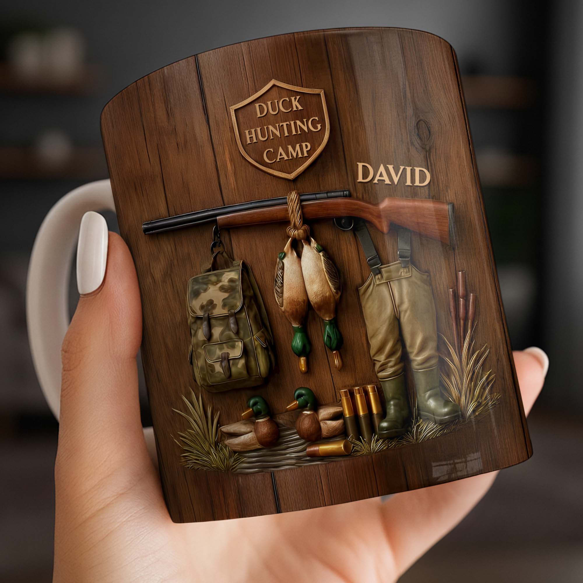 Duck Hunting Camp With Rifle And Ducks, Personalized Coffee Mug, Gift ...
