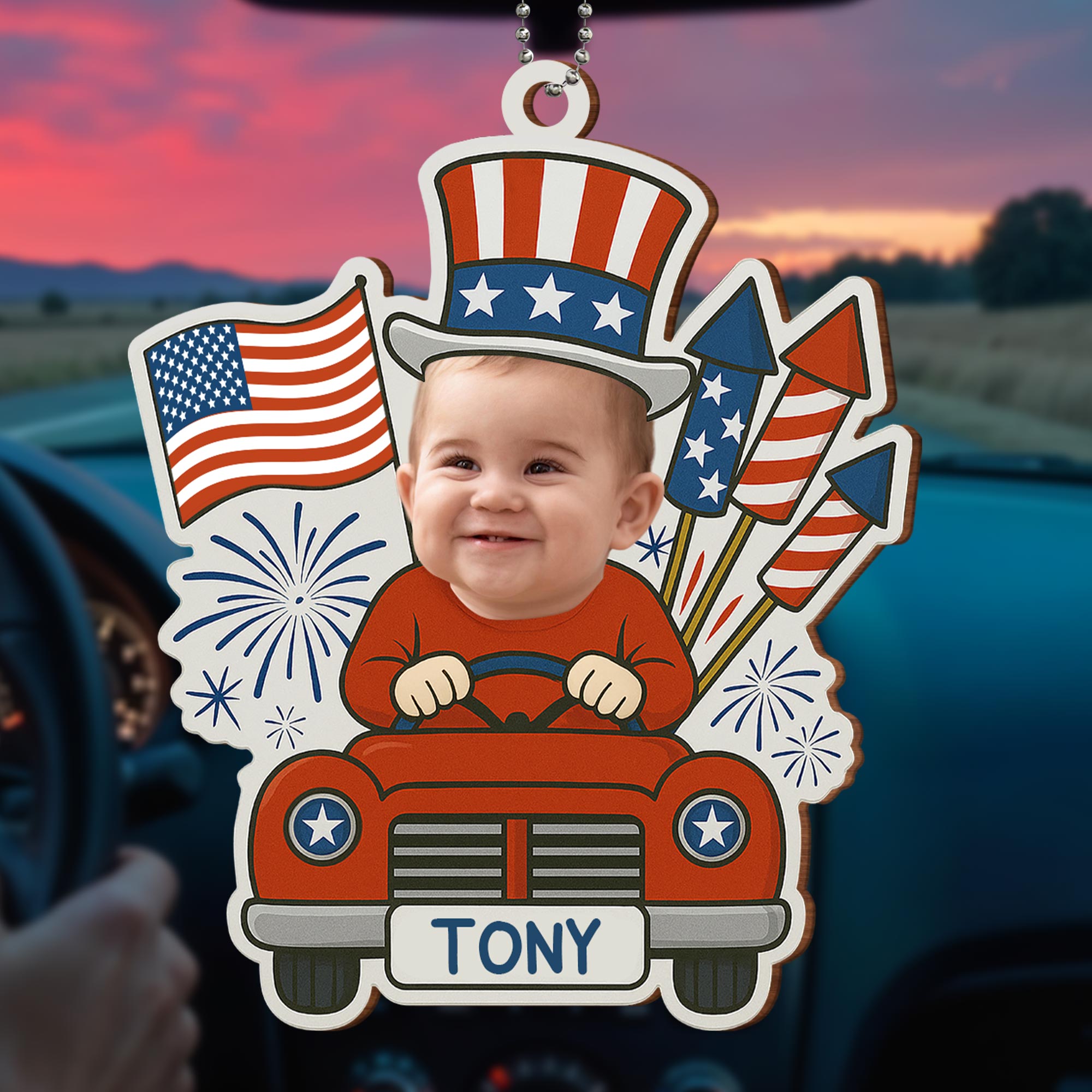 Customizable Ornament With Baby, Flags, And Fireworks, Car Hanging ...