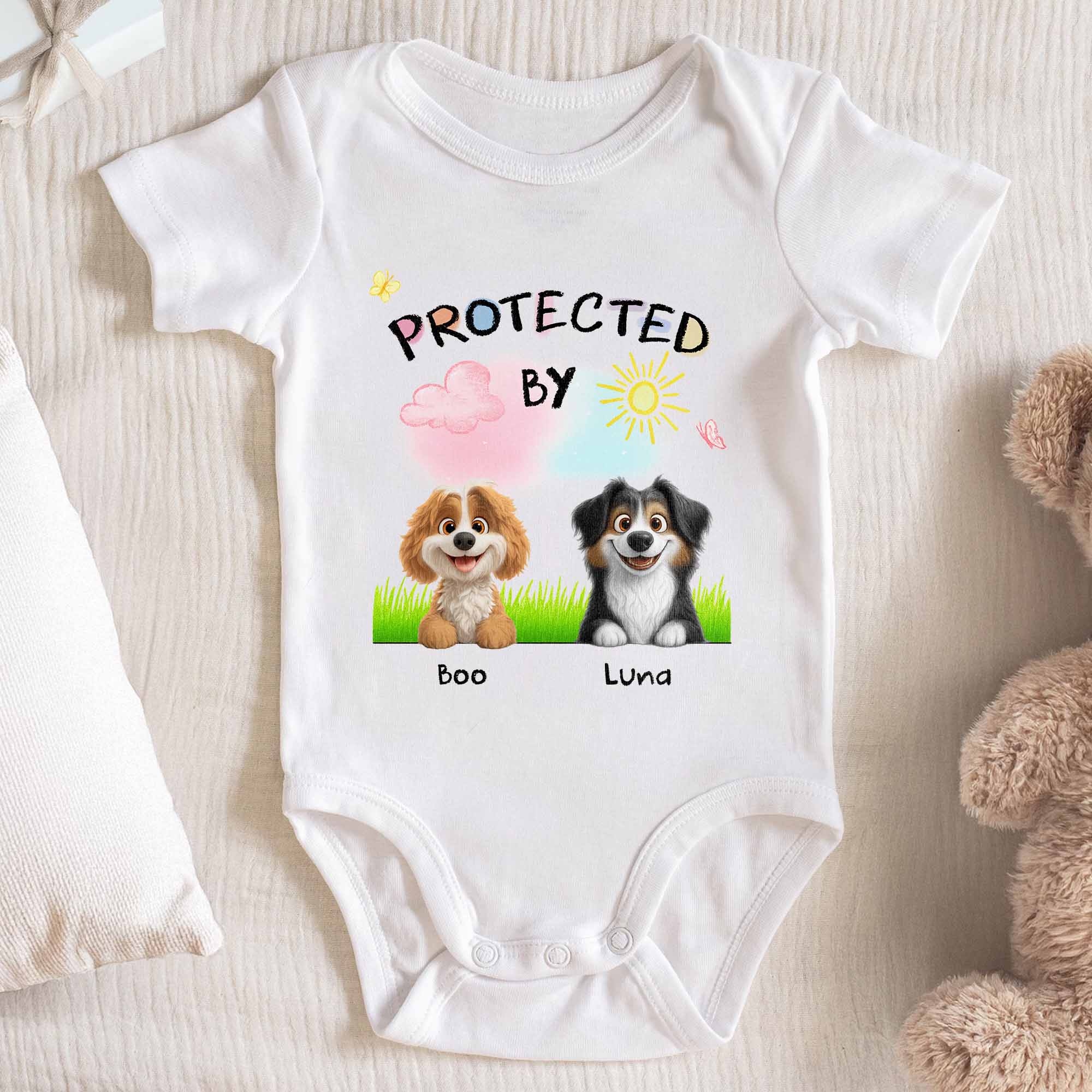 Protected By Cute Dogs Baby Onesie, Personalized Custom Baby Onesie ...