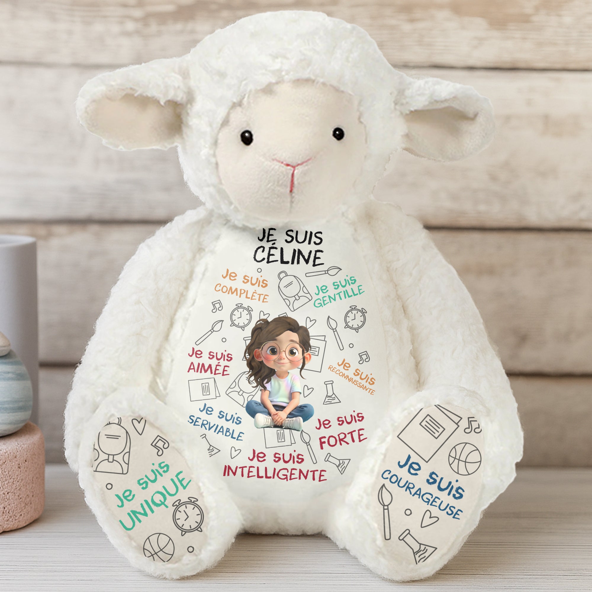 Je Suis Complète, Gentille, Aimée - Sheep Doll With Books And Globe ...