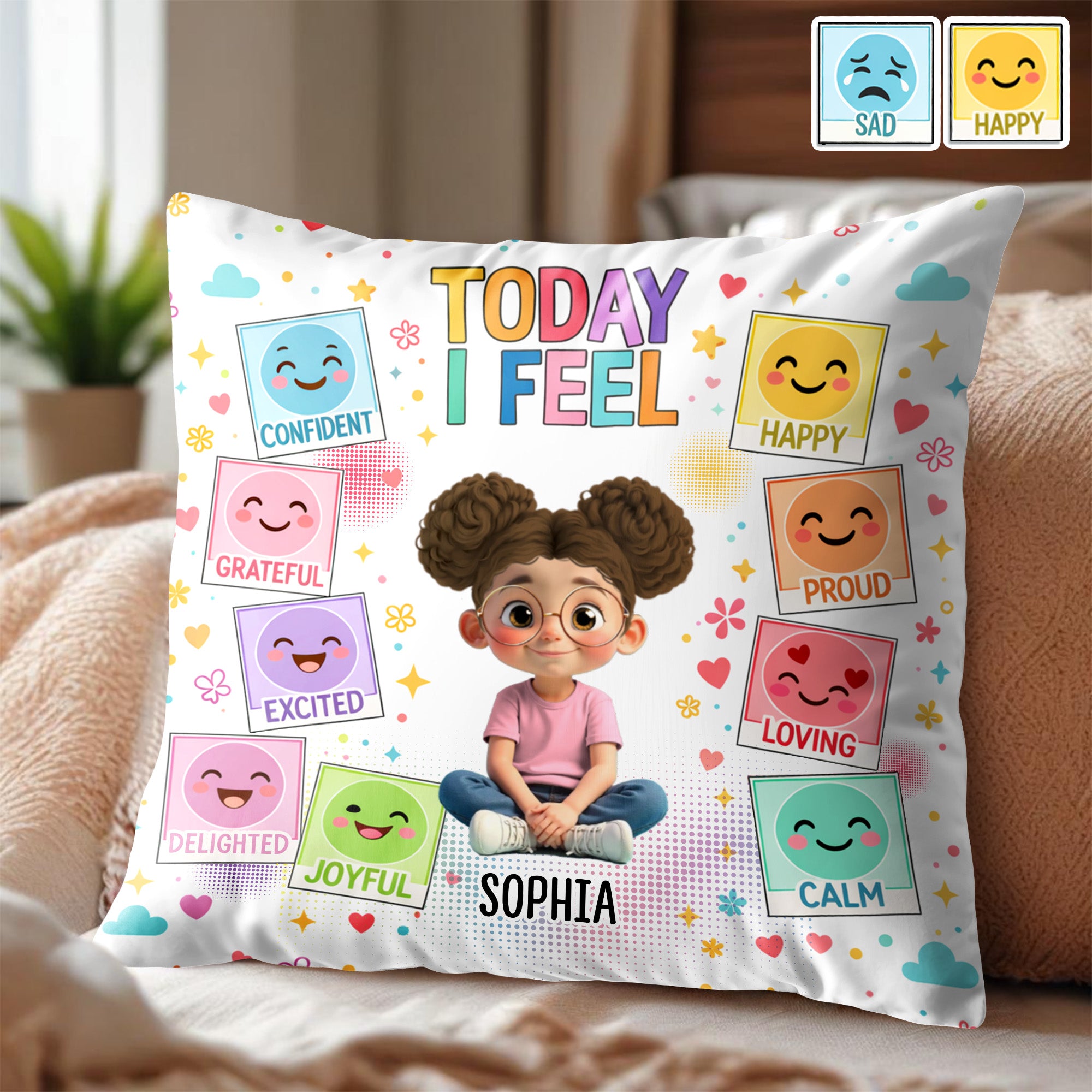 Today I Feel, Emoticons And Cute Animated Girl, Custom Pillow, Gift For ...